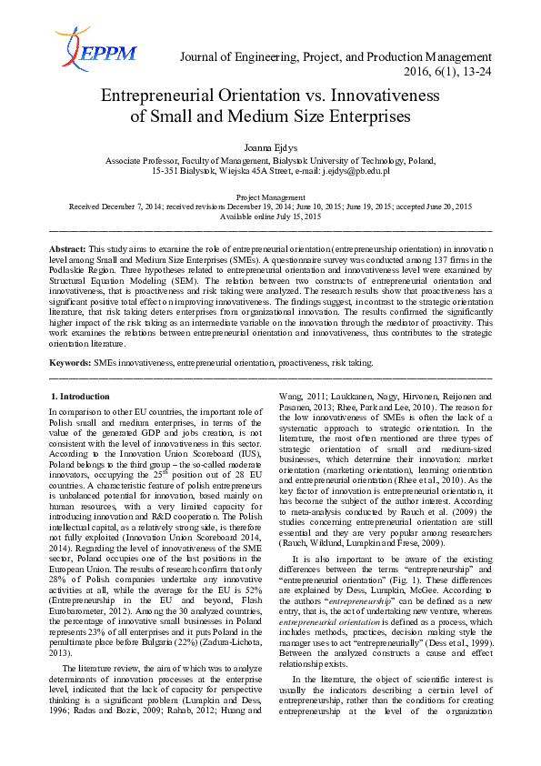 (PDF) Entrepreneurial Orientation vs. Innovativeness of Small and Medium Size Enterprises