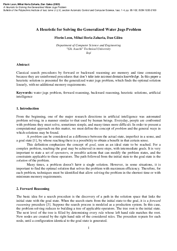 (PDF) A heuristic method for solving the generalized water jugs problem