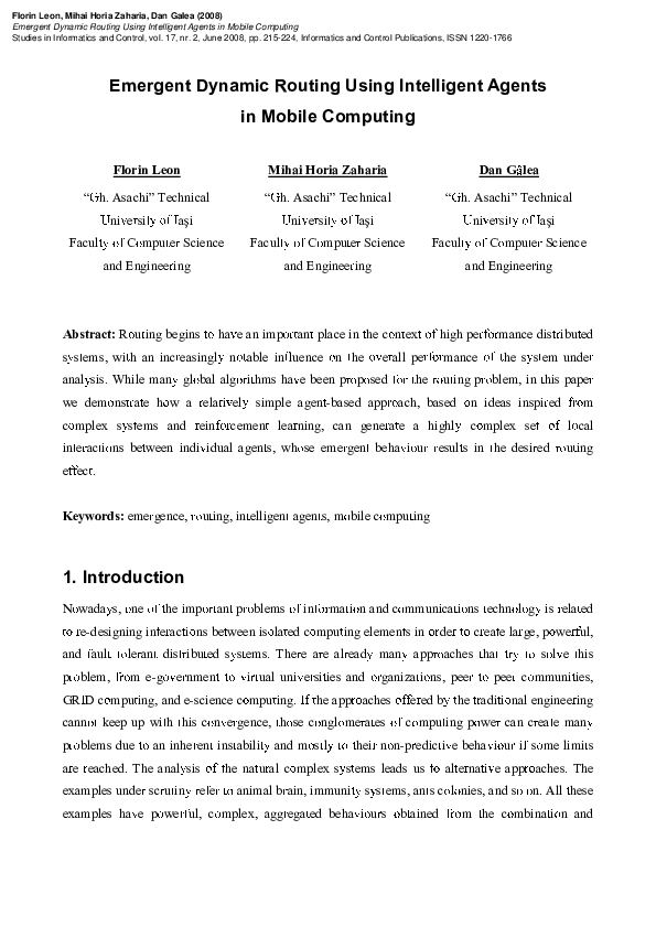 Pdf Emergent Dynamic Routing Using Intelligent Agents In Mobile Computing 5484