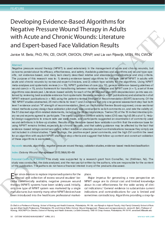 (PDF) ﻿﻿﻿﻿﻿﻿﻿Developing evidence-based algorithms for negative pressure wound therapy in adults ...