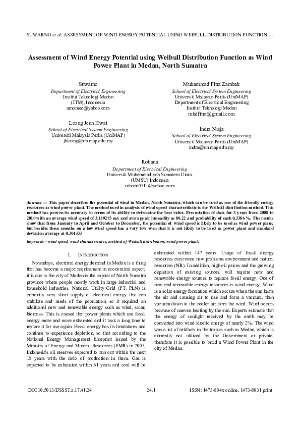Pdf Assessment Of Wind Energy Potential Using Weibull Distribution Function As Wind Power