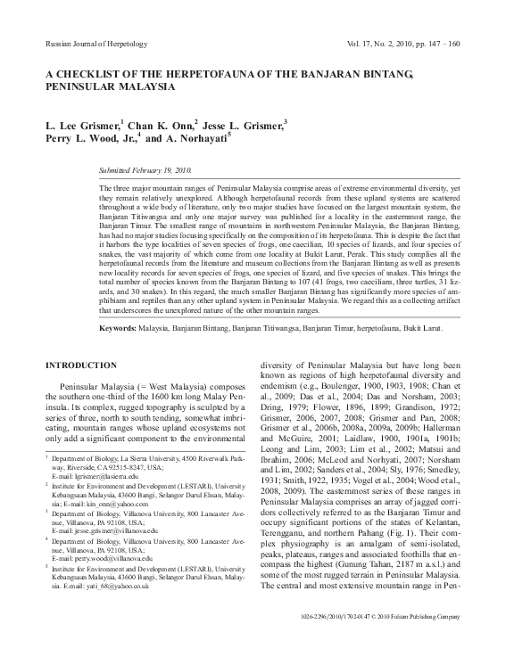 (PDF) A CHECKLIST OF THE HERPETOFAUNA OF THE BANJARAN BINTANG, PENINSULAR MALAYSIA