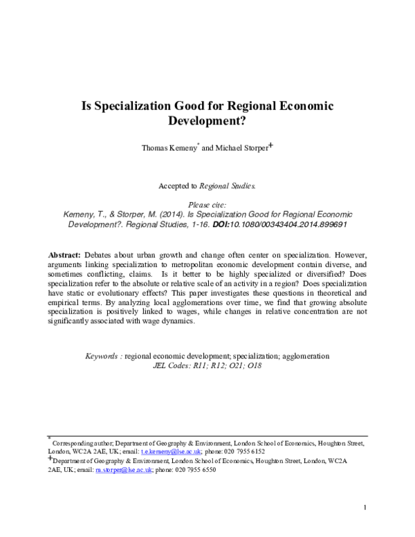 (PDF) Is Specialization Good for Regional Economic Development?