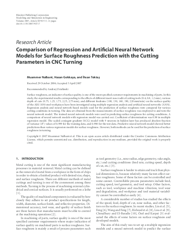 (PDF) Comparison of Regression and Artificial Neural Network Models for Surface Roughness ...
