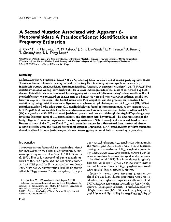 (PDF) A second mutation associated with apparent beta-hexosaminidase A ...