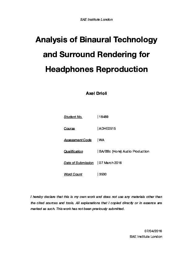 (PDF) Analysis of Binaural Technology and Surround Rendering for Headphones Reproduction