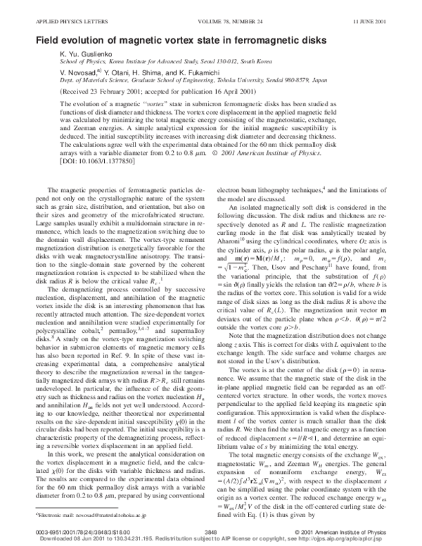 (PDF) Field evolution of magnetic vortex state in ferromagnetic disks