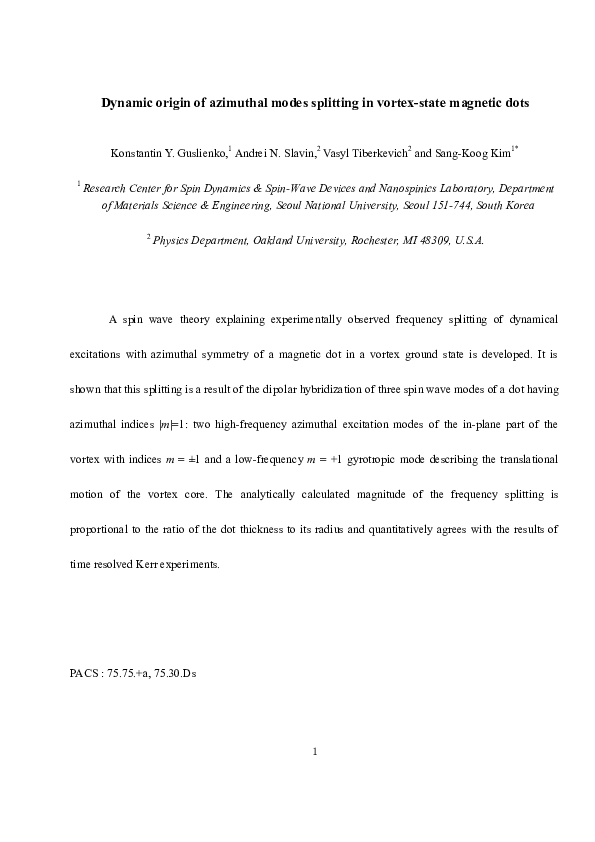 (PDF) Dynamic Origin of Azimuthal Modes Splitting in Vortex-State ...