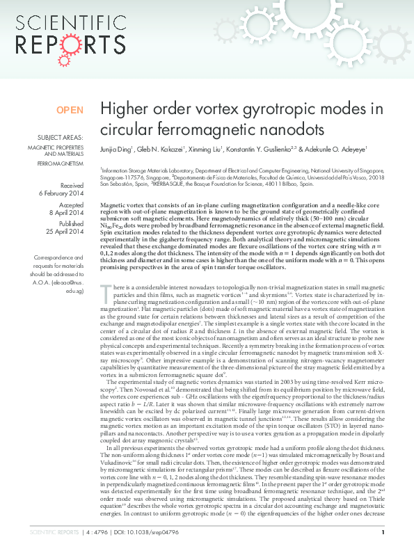 (PDF) Higher order vortex gyrotropic modes in circular ferromagnetic nanodots