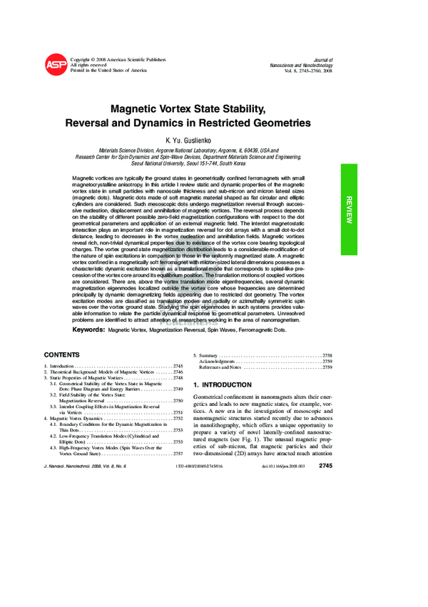 (PDF) Magnetic vortex state stability, reversal and dynamics in ...