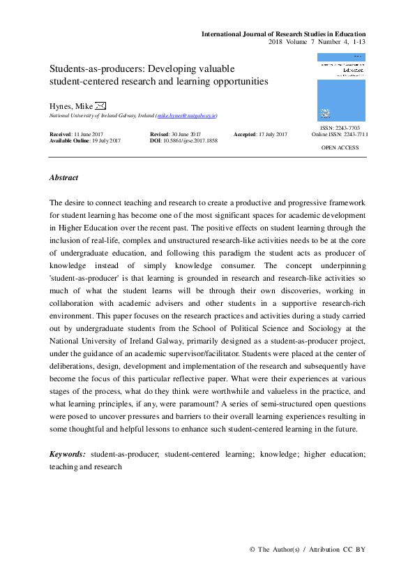 (PDF) Students-as-producers: Developing valuable student-centered ...