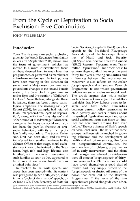 (PDF) From the Cycle of Deprivation to Social Exclusion: Five Continues