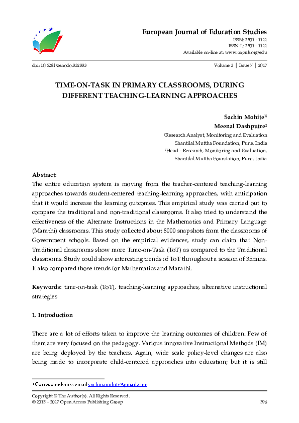 (PDF) TIME-ON-TASK IN PRIMARY CLASSROOMS, DURING DIFFERENT TEACHING ...