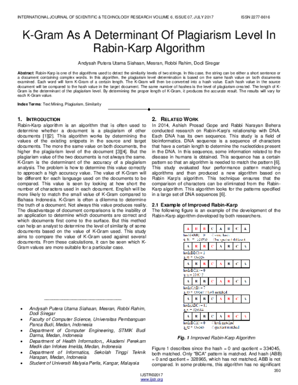 (PDF) K-Gram As A Determinant Of Plagiarism Level In Rabin-Karp Algorithm