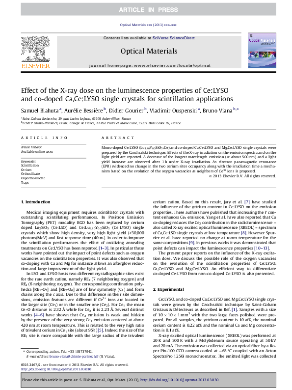 (PDF) Effect of the X-ray dose on the luminescence properties of Ce ...