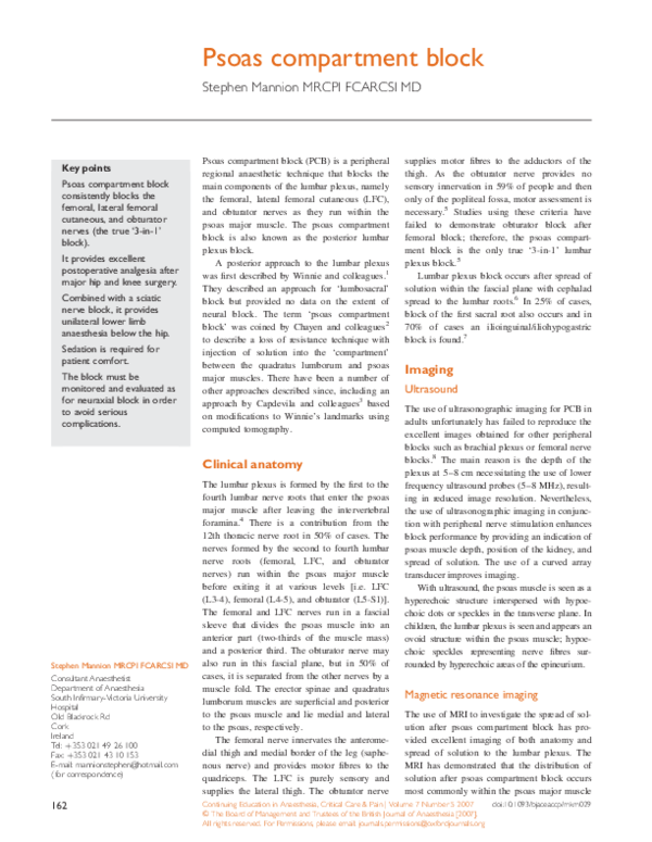 Pdf Psoas Compartment Block