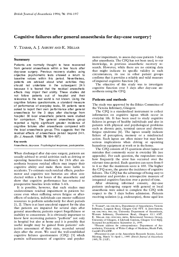 (PDF) Cognitive failures after general anaesthesia for day-case surgery