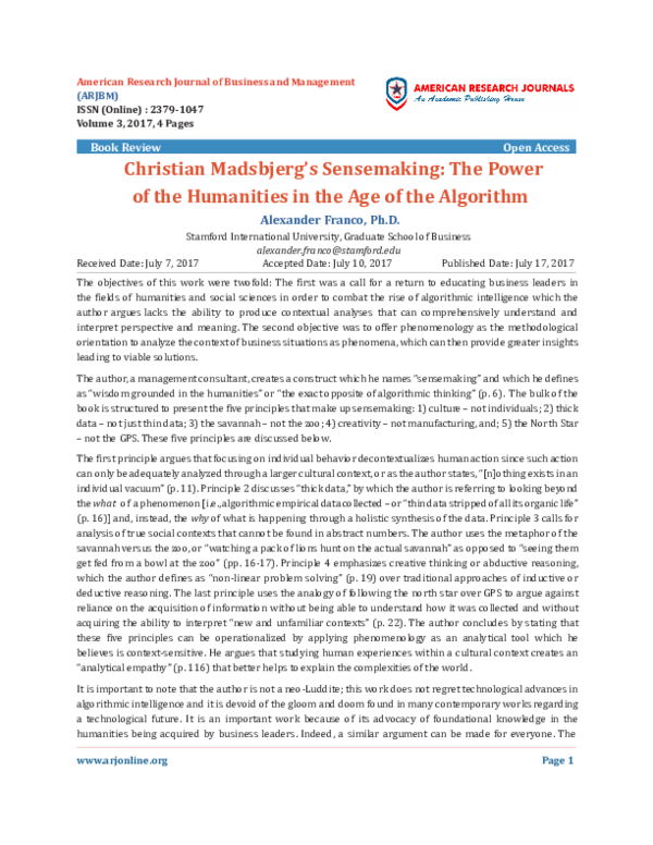(PDF) Christian Madsbjerg's Sensemaking: The Power of the Humanities in the Age of the Algorithm ...
