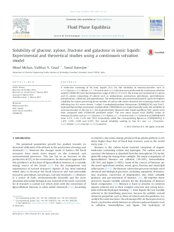 (PDF) Solubility of glucose, xylose, fructose and galactose in ionic ...