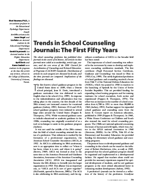 (PDF) Trends in School Counseling Journals: The First Fifty Years