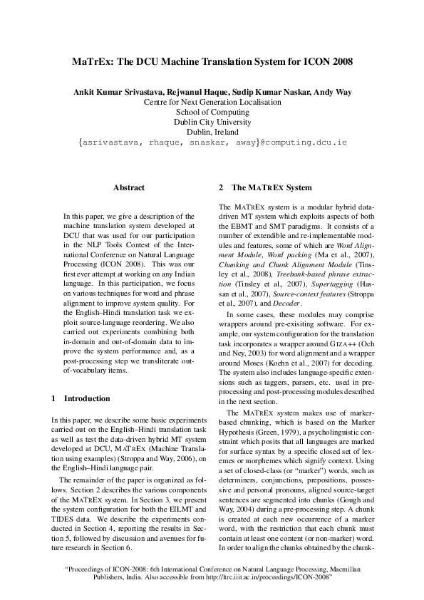 (PDF) MaTrEx: the DCU Machine Translation System for ICON 2008 | Ankit Srivastava - Academia.edu