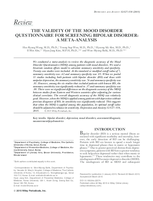 (PDF) The Validity of the Mood Disorder Questionnaire for Screening ...