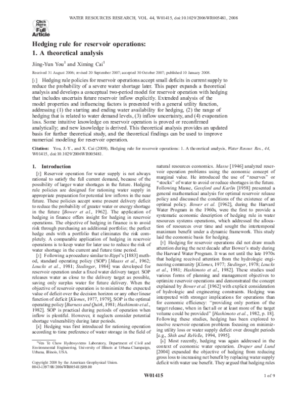 (PDF) Hedging rule for reservoir operations: 1. A theoretical analysis