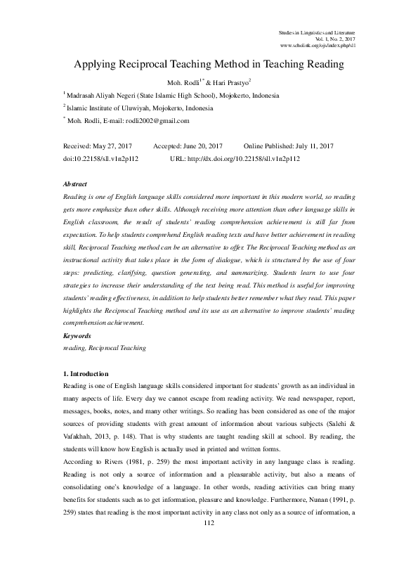 (PDF) Applying Reciprocal Teaching Method in Teaching Reading