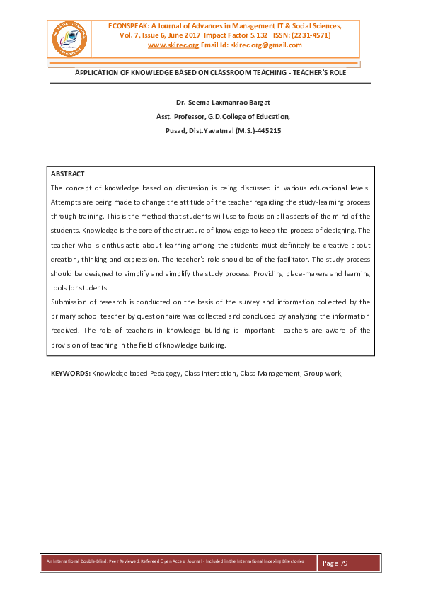(PDF) APPLICATION OF KNOWLEDGE BASED ON CLASSROOM TEACHING - TEACHER'S ROLE