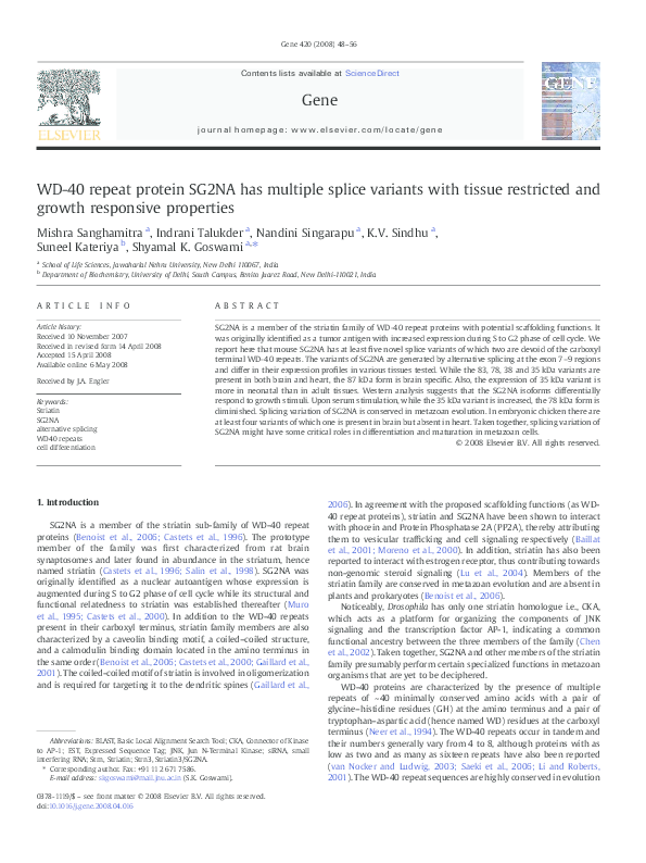 (PDF) WD-40 repeat protein SG2NA has multiple splice variants with ...