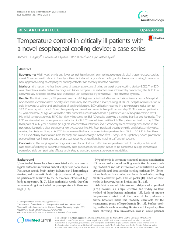 (PDF) Temperature control in critically ill patients with a novel ...