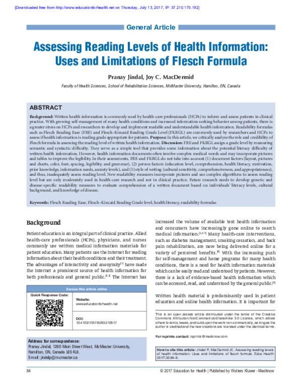 (PDF) Assessing Reading Levels of Health Information: Uses and ...
