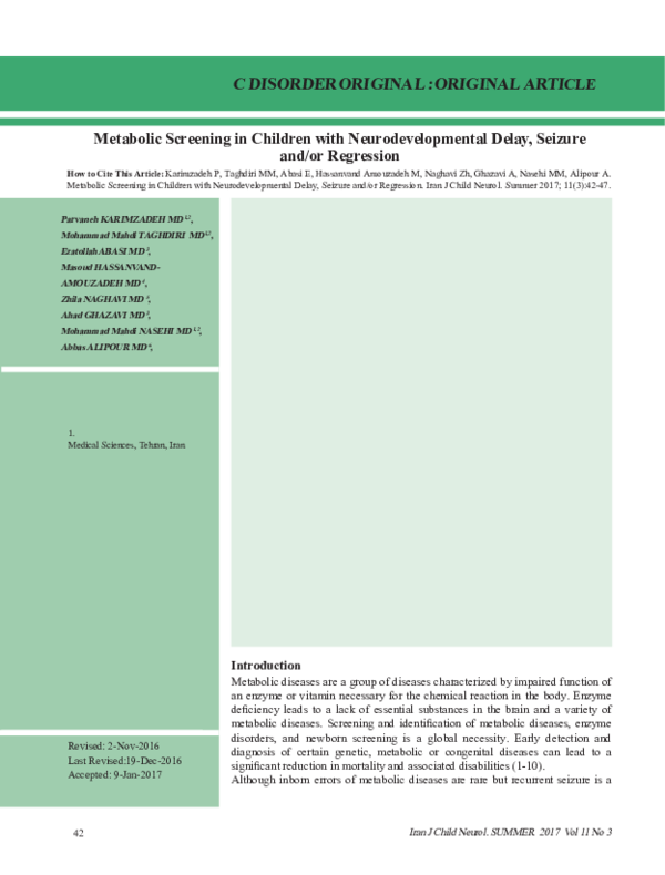 (PDF) metabolic screening in Children with neurodevelopmental delay, seizure and/or regression