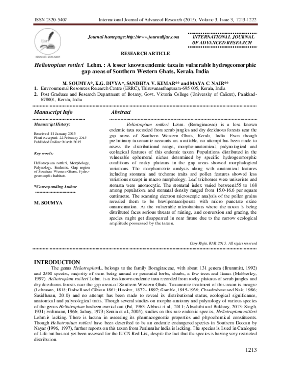 (PDF) Heliotropium rottleri Lehm. : A lesser known endemic taxa in ...