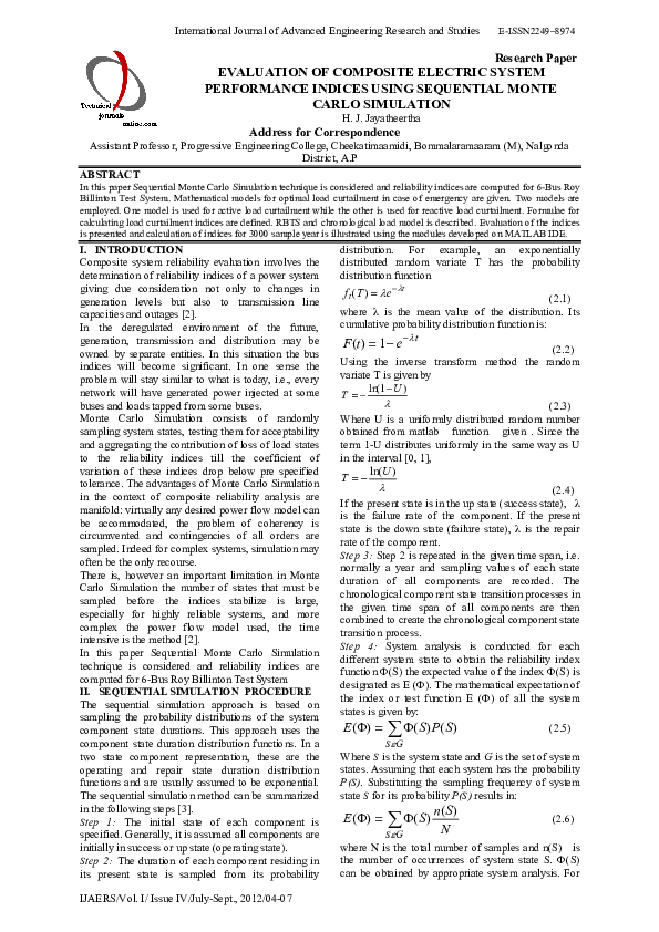 Pdf Evaluation Of Composite Electric System Performance Indices Using Sequential Monte Carlo