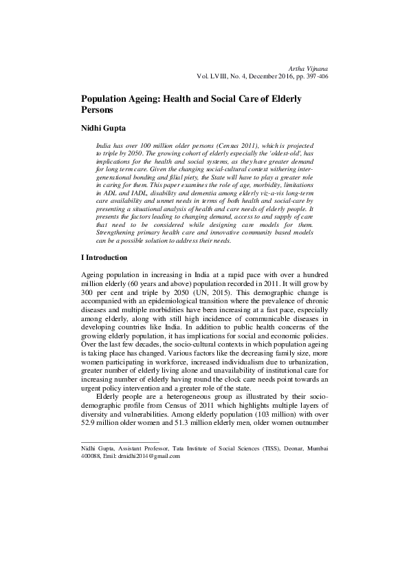 (PDF) Population Ageing: Health and Social Care of Elderly Persons