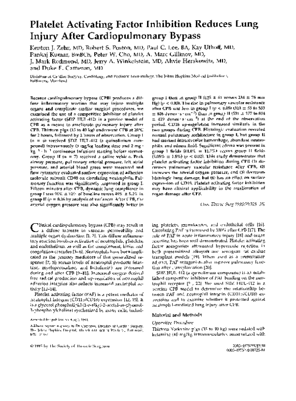 (PDF) PAF Inhibition Alleviates Lung Injury from CPB