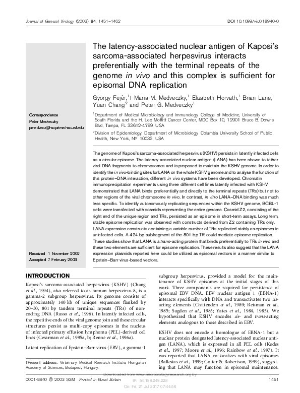 (PDF) Latency-associated Nuclear Antigen of Kaposi's Sarcoma-associated Herpesvirus Functionally ...