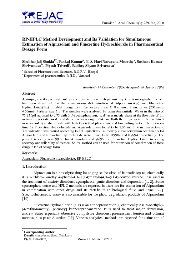 (PDF) RP-HPLC Method Development and Its Validation for Simultaneous Estimation of Alprazolam ...