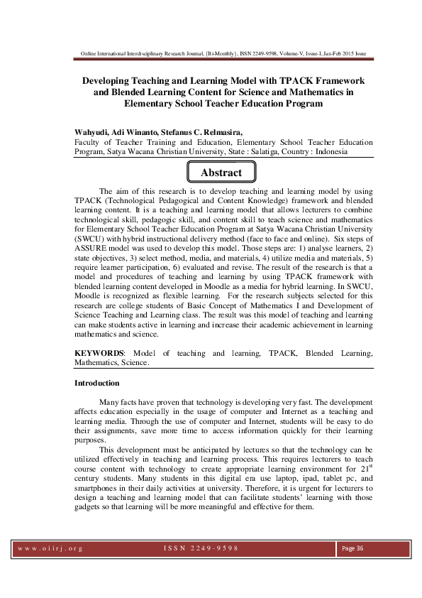 (PDF) Developing Teaching and Learning Model with TPACK Framework and Blended Learning Content ...
