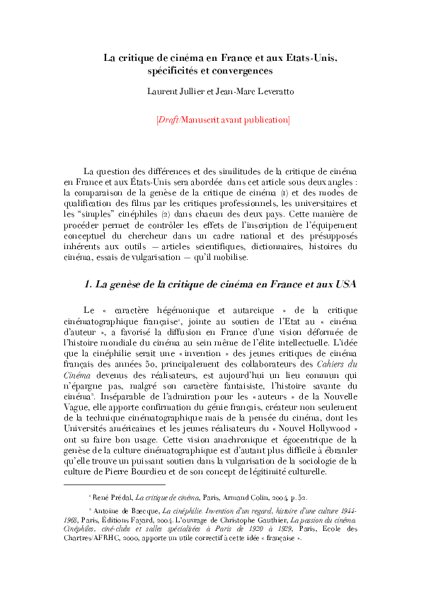 (PDF) La critique de cinéma en France et aux Etats-Unis, spécificités ...