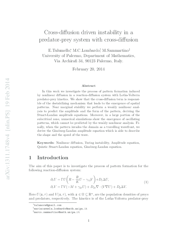(PDF) Cross-Diffusion Driven Instability in a Predator-Prey System with Cross-Diffusion