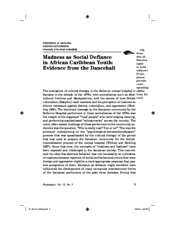 (PDF) Hickling FW and Hutchinson G. Madness as social defiance in ...