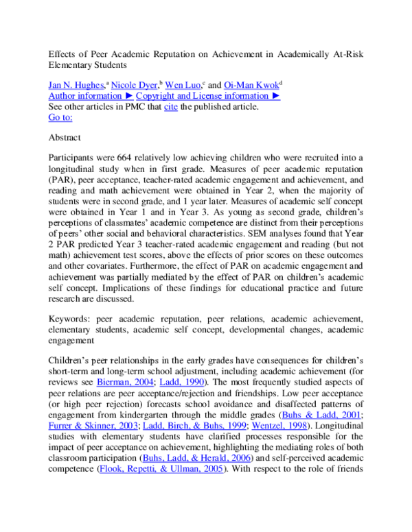 (DOC) Effects of Peer Academic Reputation on Achievement in ...