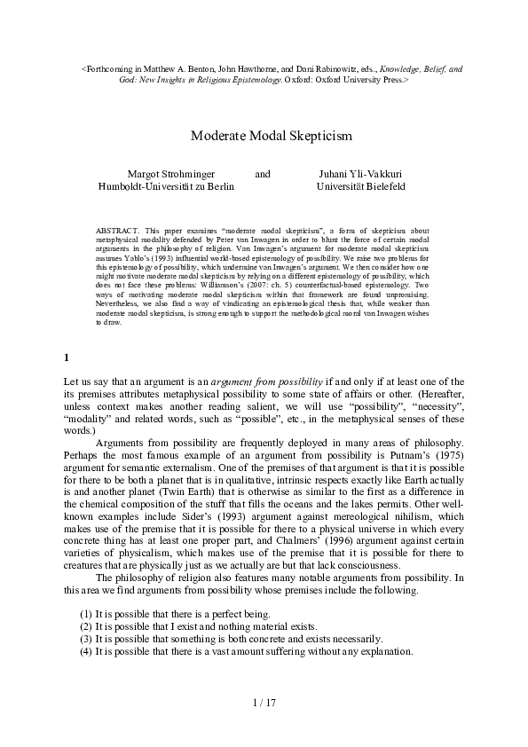 (PDF) Moderate Modal Skepticism