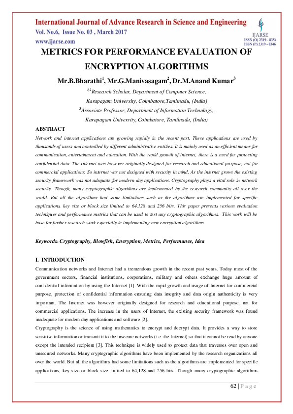 Pdf Metrics For Performance Evaluation Of Encryption Algorithms