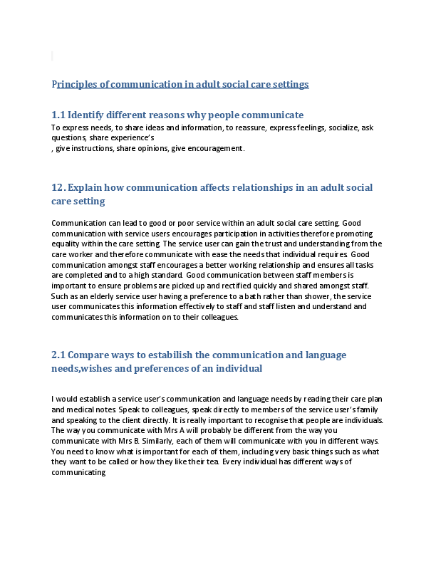 (DOC) Principles of communication in adult social care settings 1.1 Identify different reasons ...
