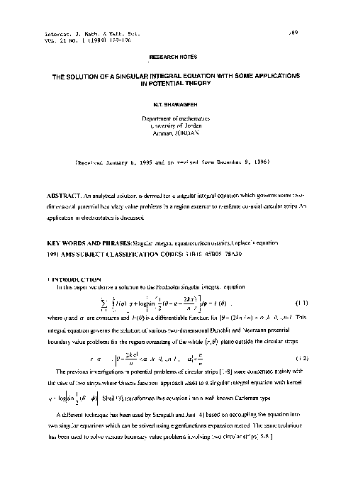 Pdf The Solution Of A Singular Integral Equation With Some Applications In Potential Theory