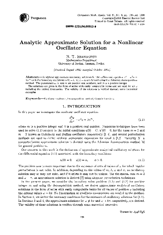 (PDF) Analytic approximate solution for a nonlinear oscillator equation