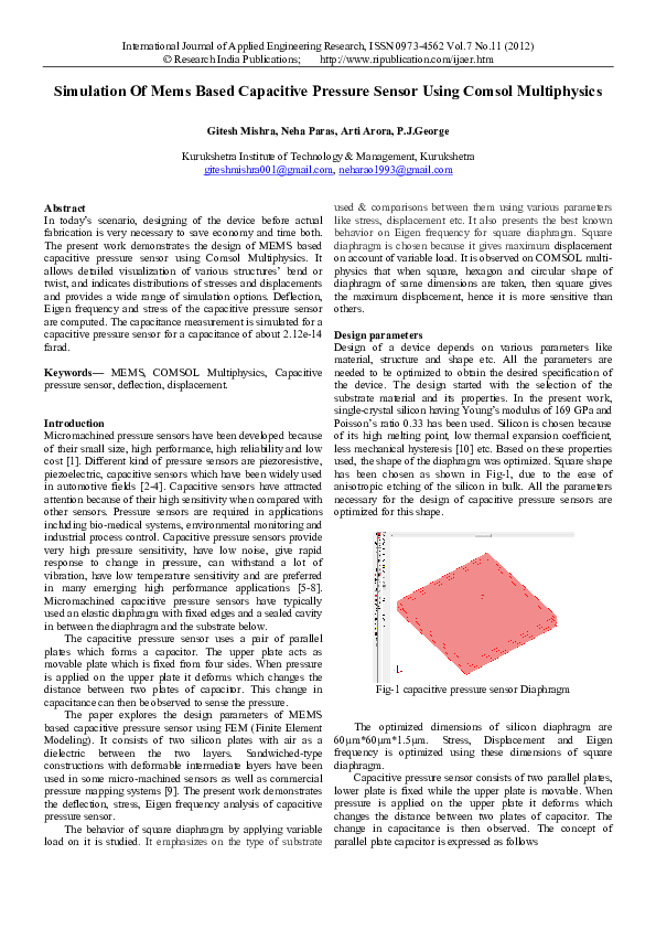(PDF) Sumlation Of Mems Based Capacitive Pressure Sensor Using Comsol Multiphysics